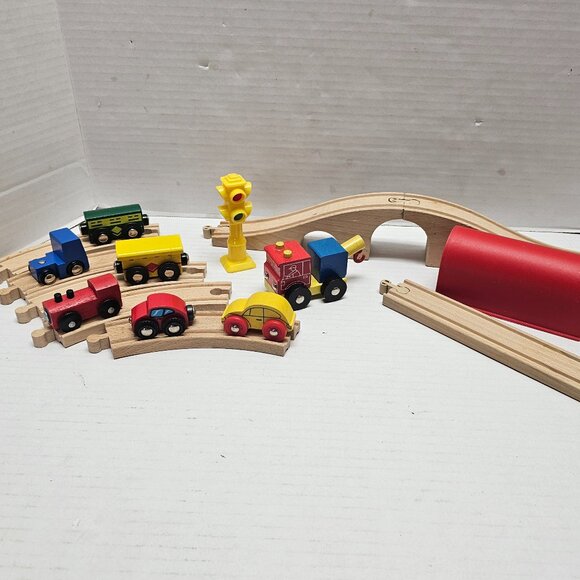 Toys | Wooden Tracks Trains Cars Yellow Blue Truck Red Bridge Tunnel ...